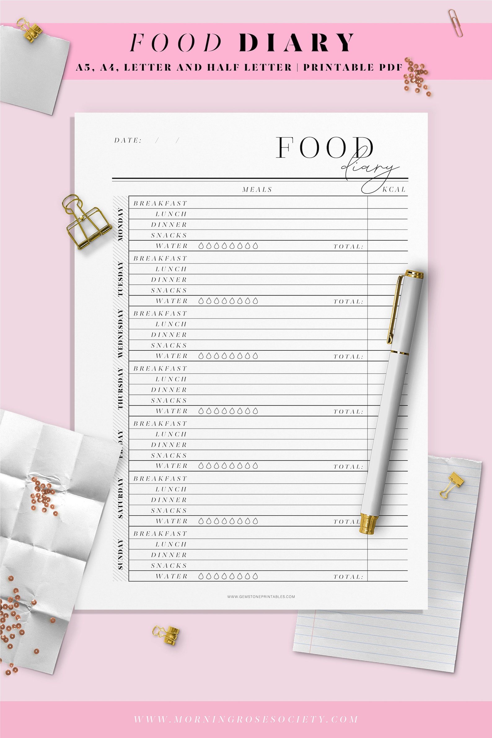 Daily Food Tracker Printable Pages. A4, A5, Letter and Half Letter Size ...