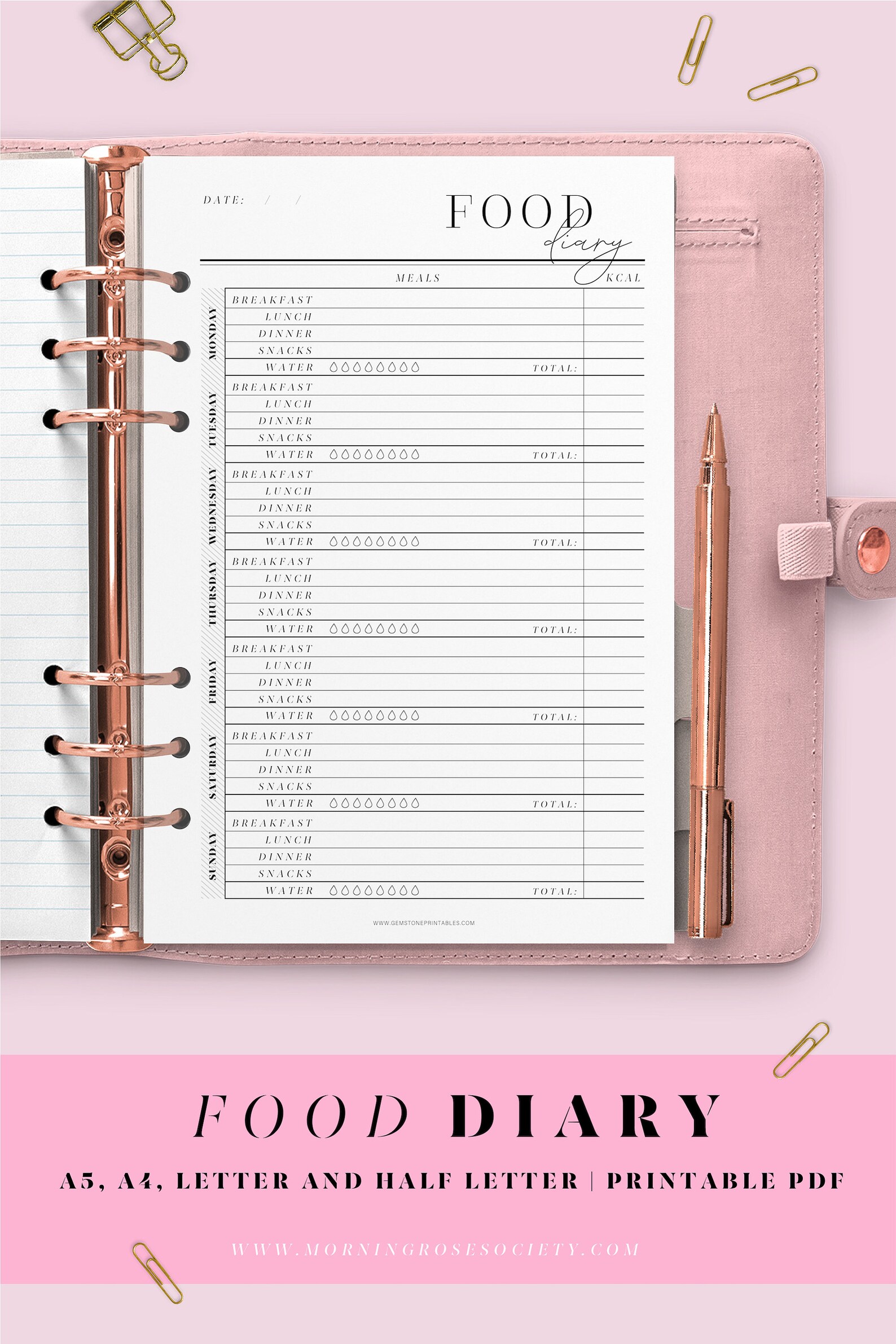 Daily Food Tracker Printable Pages. A4, A5, Letter and Half Letter Size ...