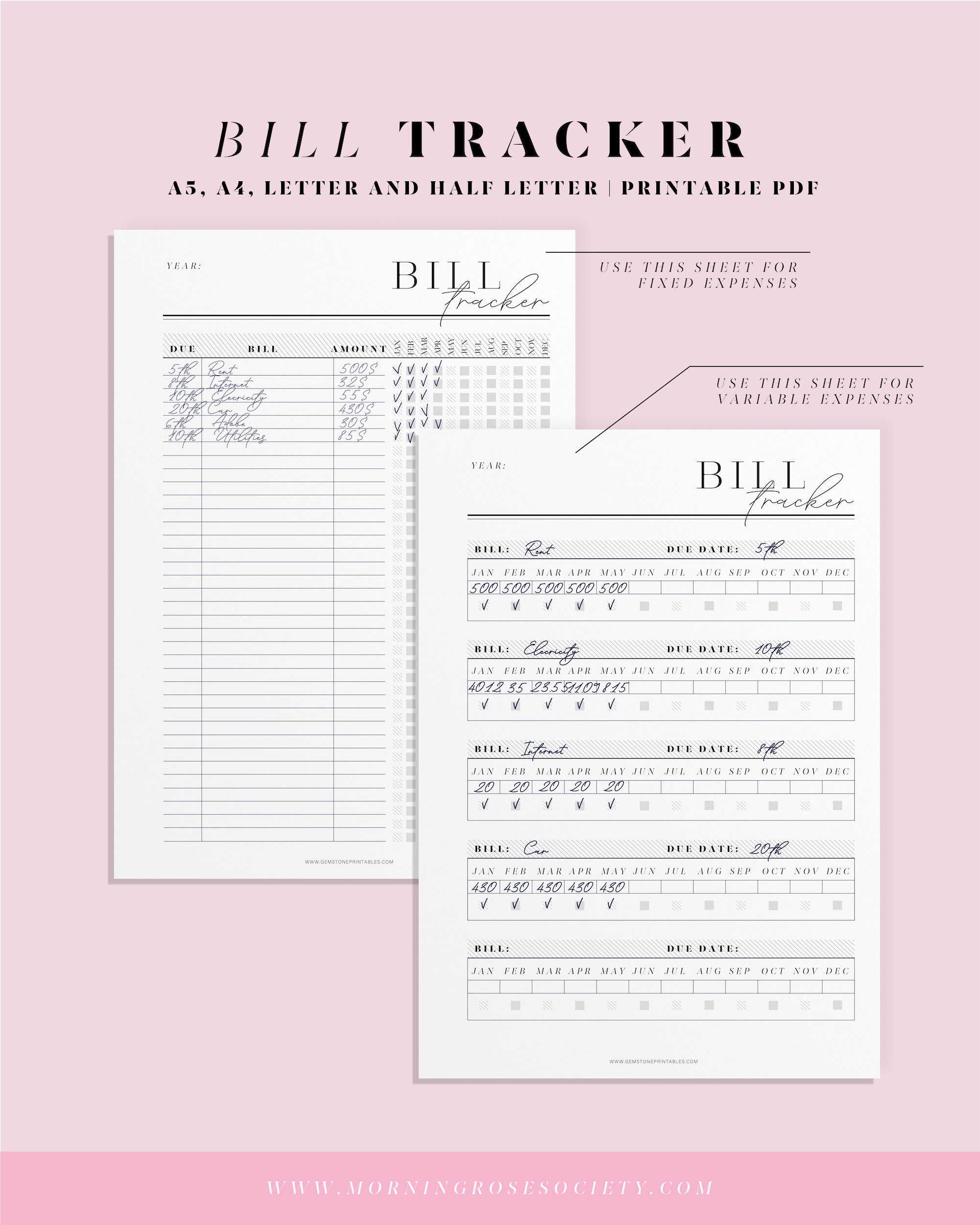 Bill Tracker Printable A4, A5, Letter and Half Letter Size Inserts ...
