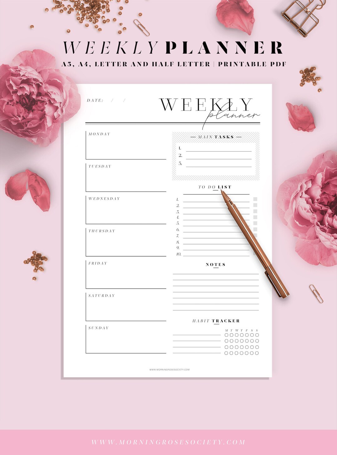 Weekly Planner Pages. Printable Weekly Planner Diary A4, A5, Letter and ...