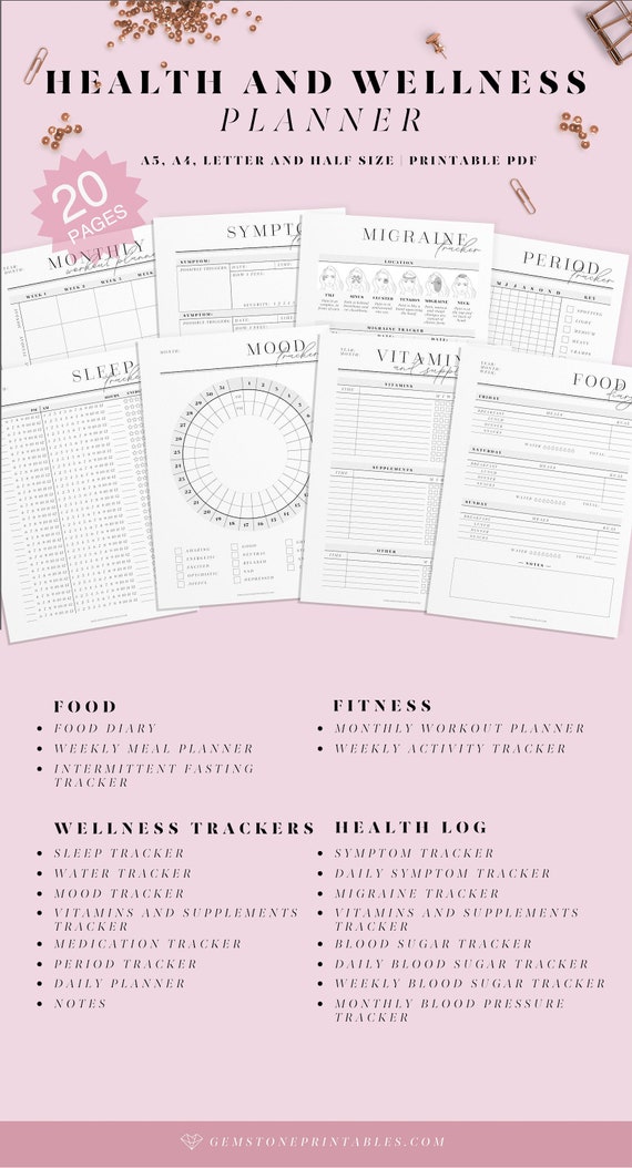 Health and wellness planner templates. Self care printable | Etsy