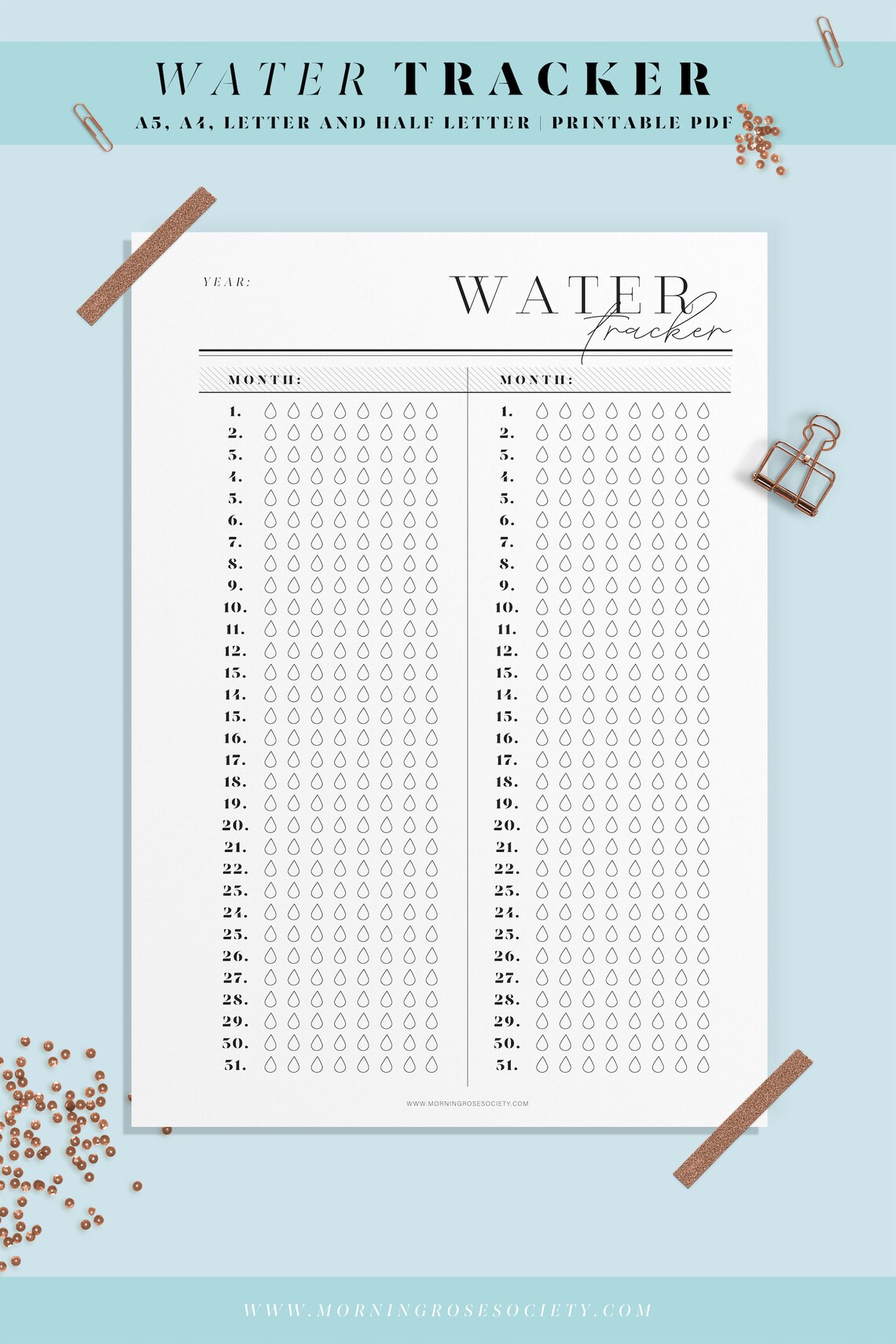 Printable Water Tracker Template. A4, A5, Letter and Half Letter Size ...