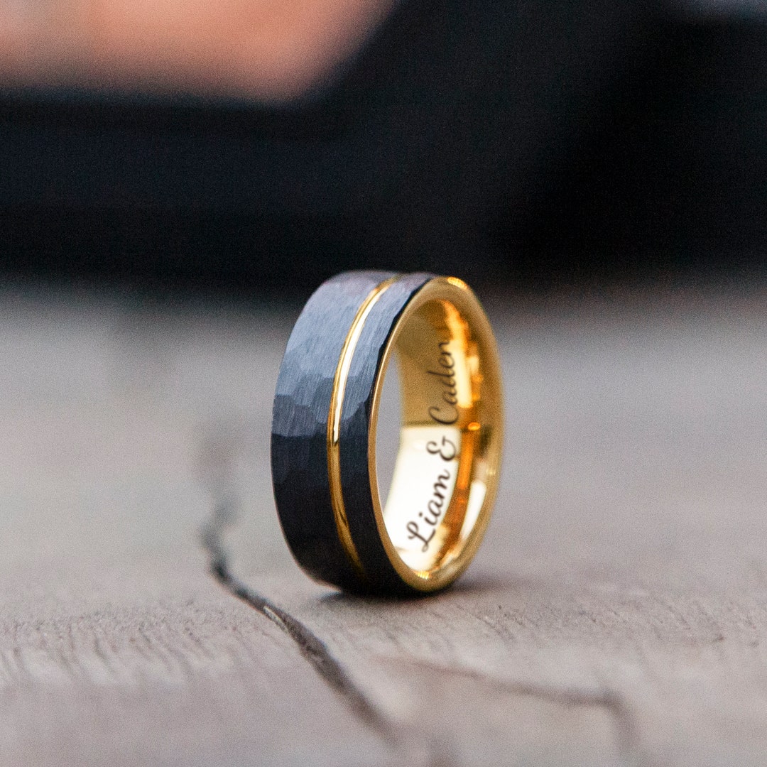 Custom Engrave Man Ring | Hammer Man Ring Black & Gold Mens Tungsten ...
