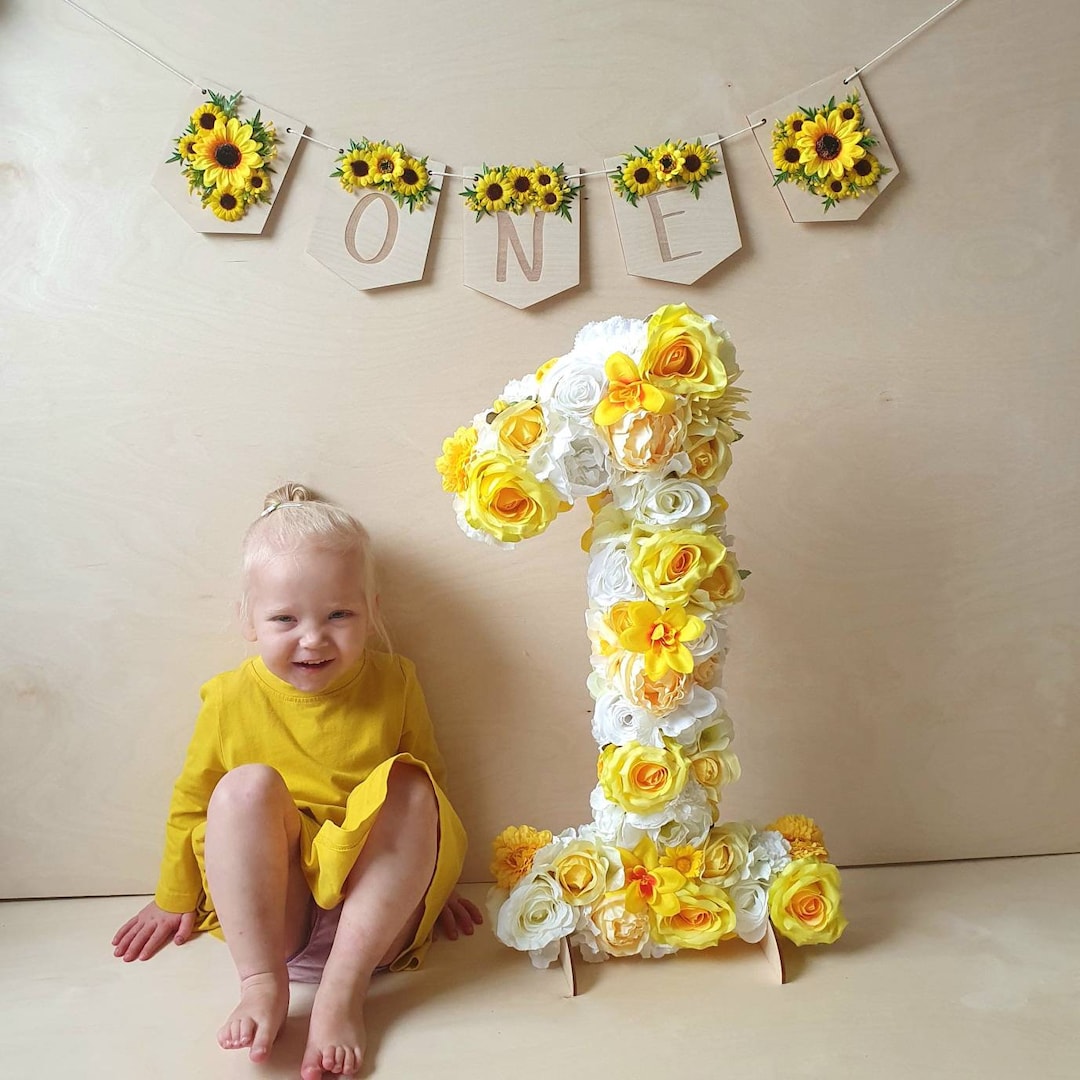 Custom 1st Birthday Banner, Personalized Flower Number, Yellow Birthday ...