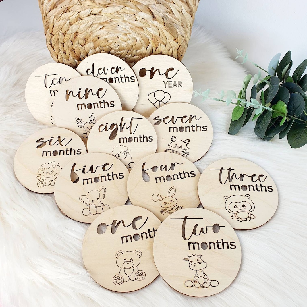 Monthly Wooden Milestone Discs for Baby Photos, Woodland Monthly ...