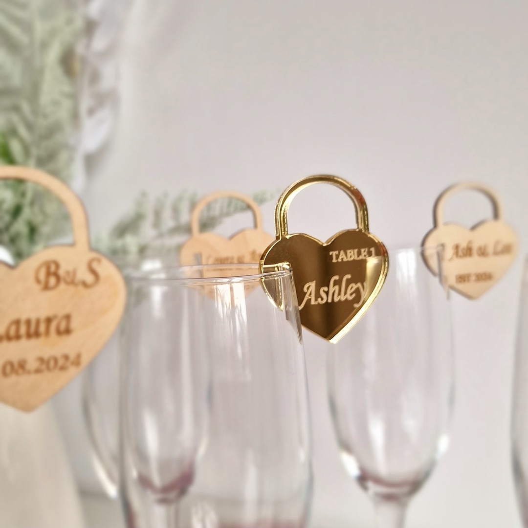 Custom Drink Tags, Heart Glass Name Tags, Personalized Heart Lock ...