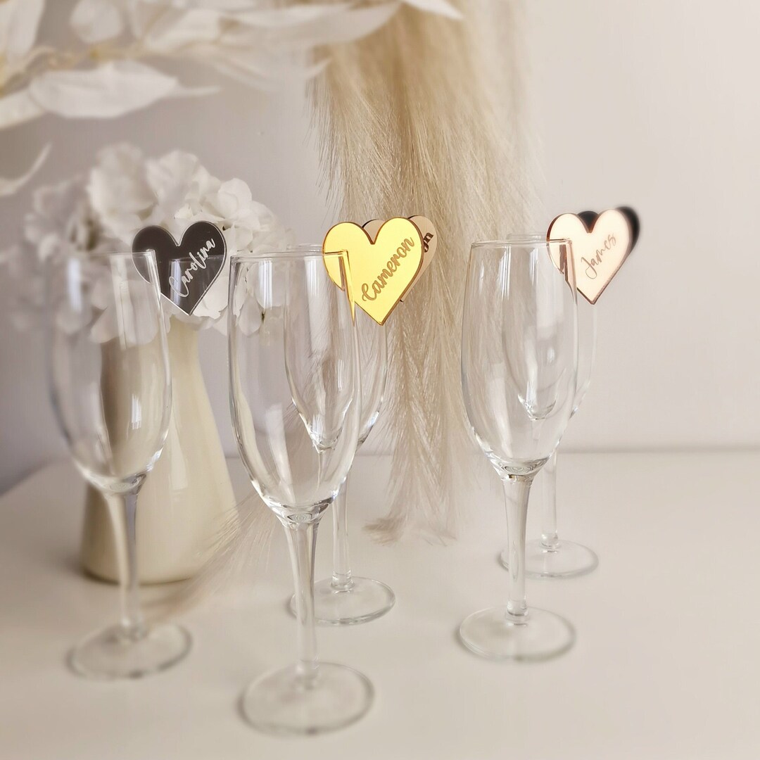 Wedding Drink Toppers, Personalized Wine Charms, Heart Place Names ...