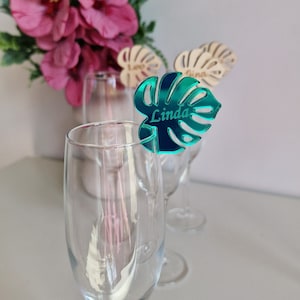 Tropical Name Place Card Custom Drink Tag Charm Monstera Leaf Tropical ...