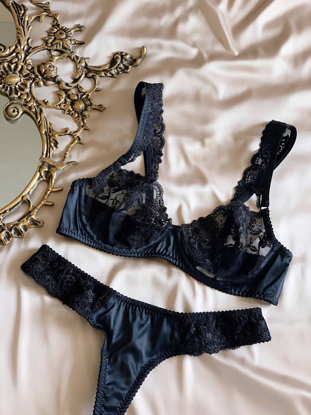 Silk Lingerie Set With Embroidered Lace Black Silk Lingerie - Etsy UK