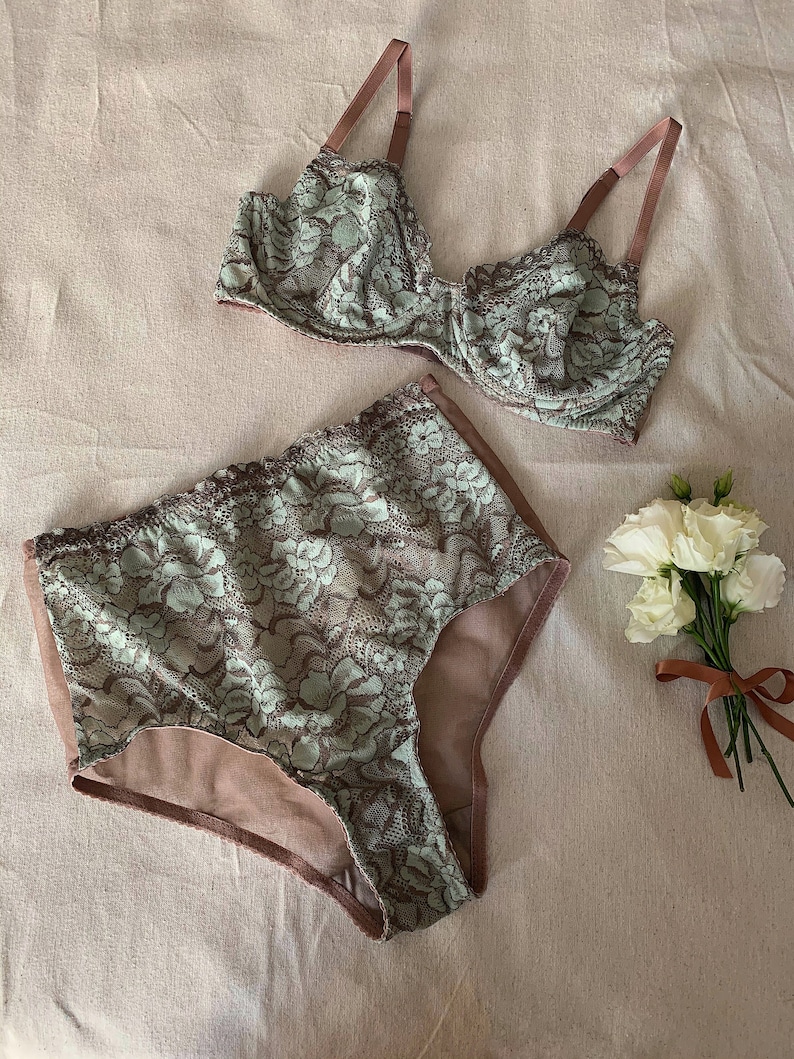 Green Lace Lingerie Set Lace Lingerie Green Lace Bralette Etsy