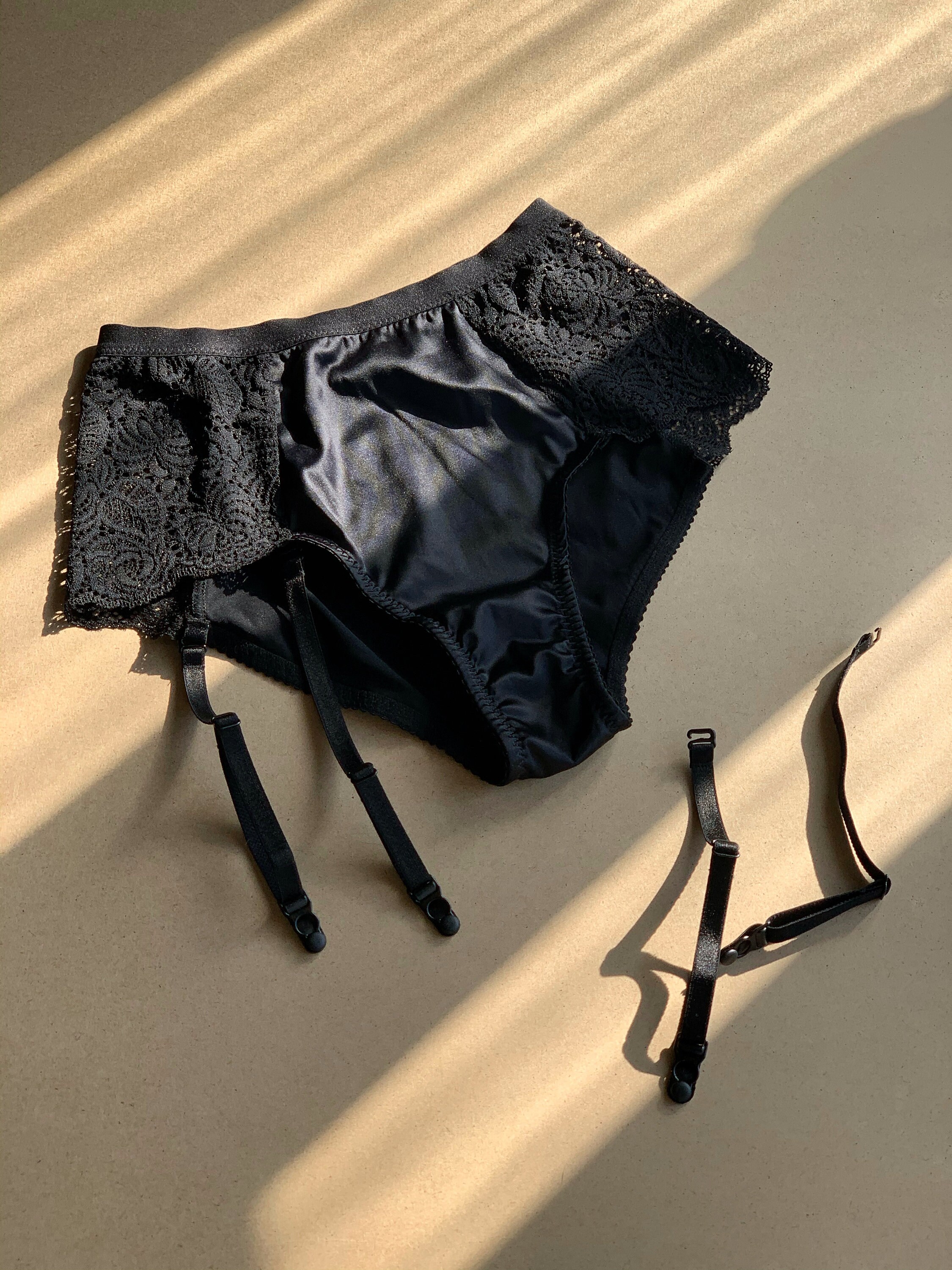 Satin Stockings Lingerie Garters Strappy Black High Waisted - Etsy UK