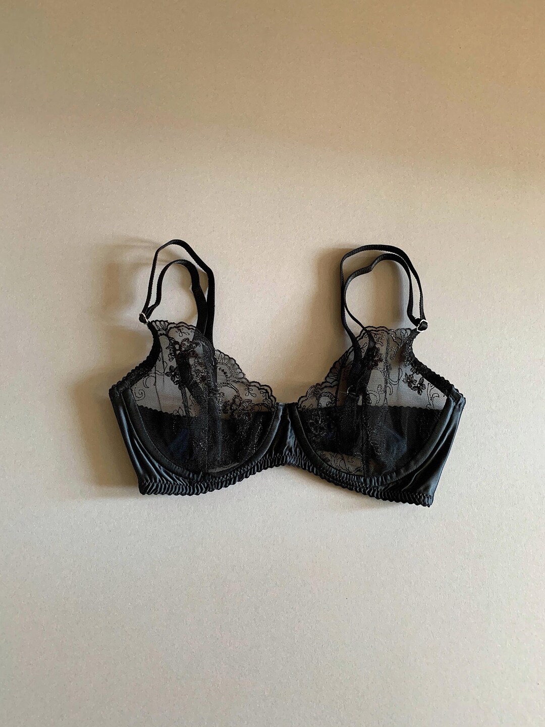 Black Satin Bra, Boudoir Embroidered Lace Lingerie, Sensual Gift for ...
