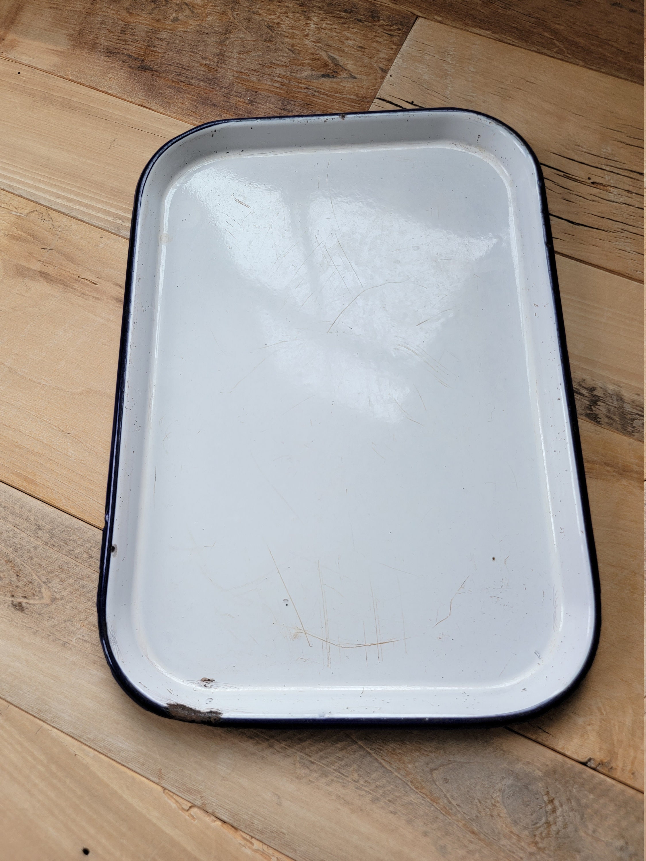 Vintage White Enamel Tray With Cobalt Blue Trim - Etsy