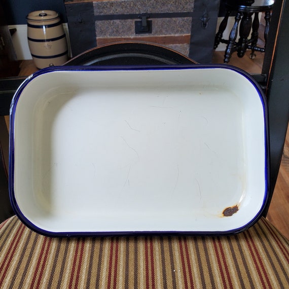 Small Rectangular White Enamel Pan With Cobalt Blue Trim | Etsy
