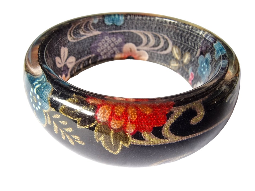 Vintage Black and Gold Floral Plastic Bangle or Cuff Vintage - Etsy