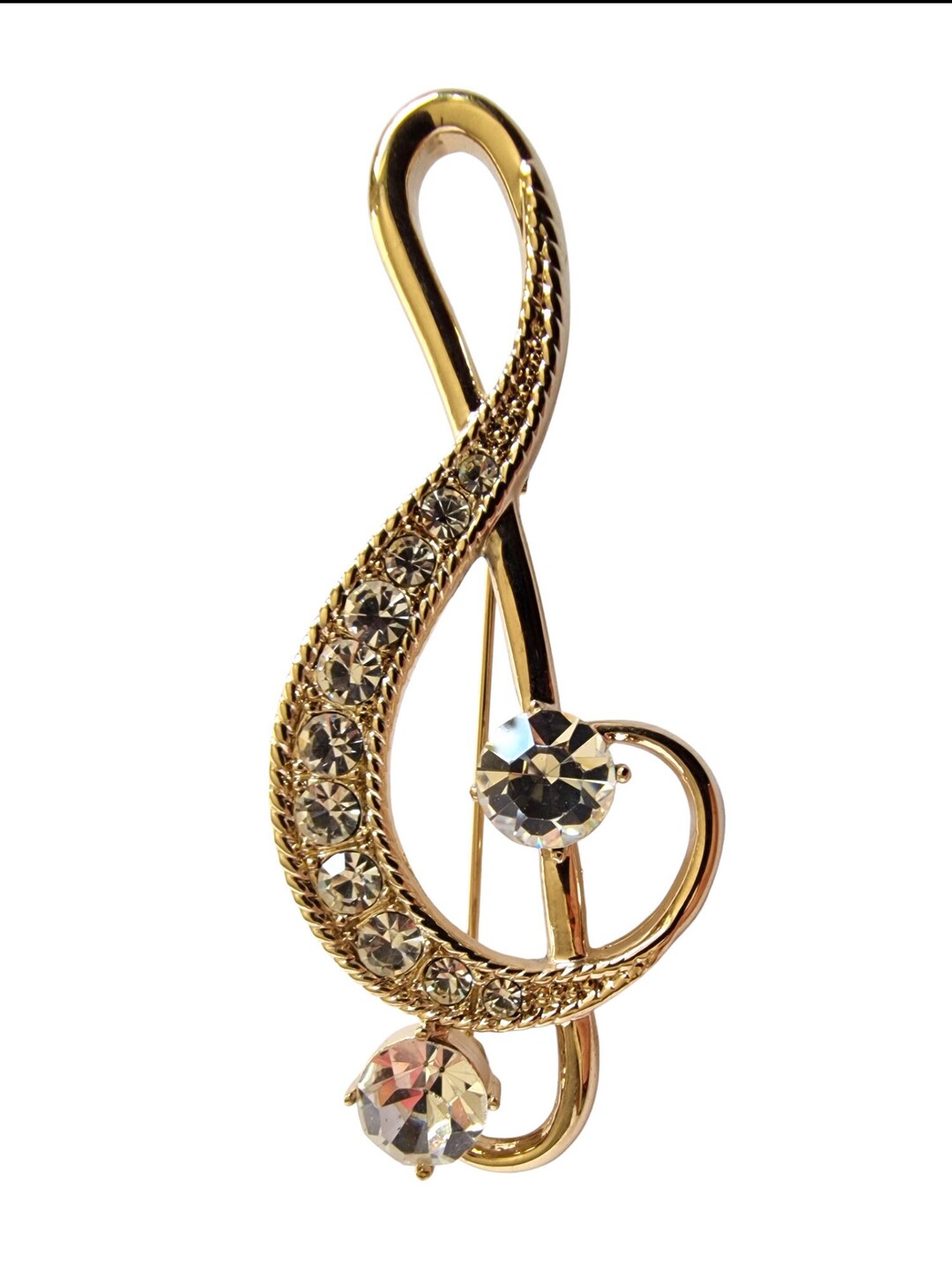 Vintage Gold Metal and Glass Musical Treble Clef Brooch, Vintage ...