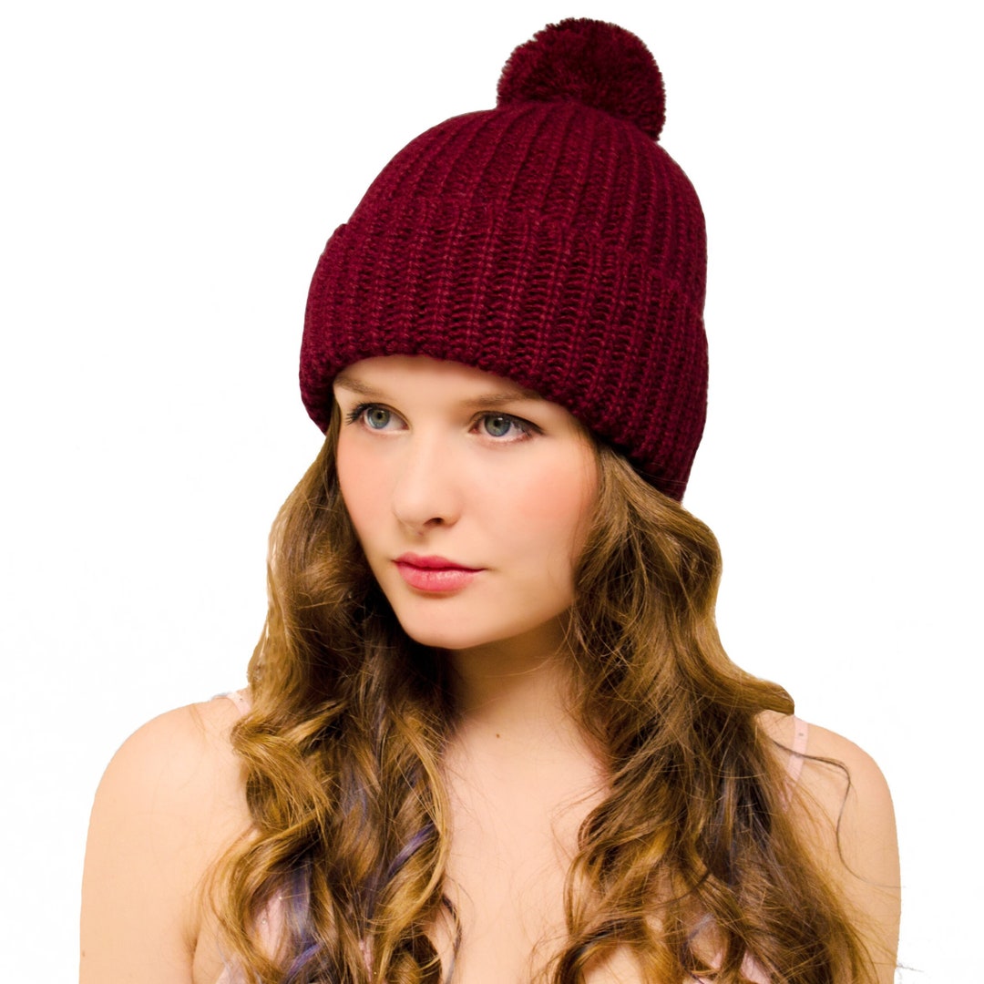 Bobble Hat Burgundy Beanie - Woolly Hat Dark Red Winter Knitted Hats ...