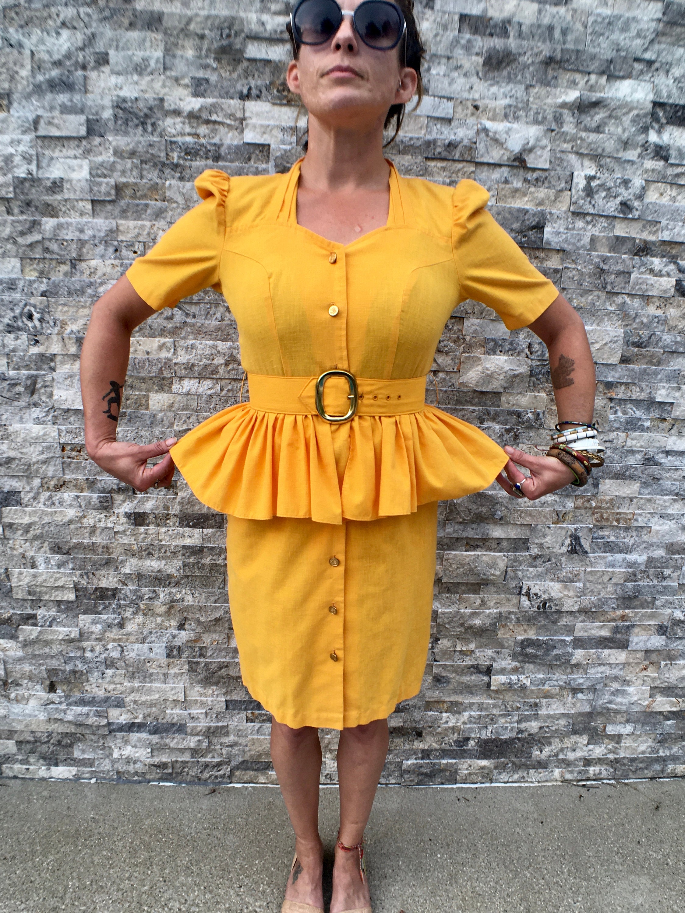 Amazing Yellow-Gold Peplum Dress SL Petites Above Knee | Etsy