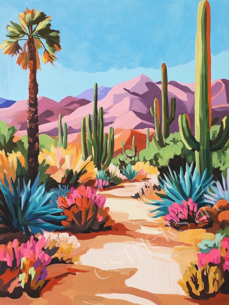 Colorful Desert Cactus Oil Painting: Western Wall Art (digital Download ...