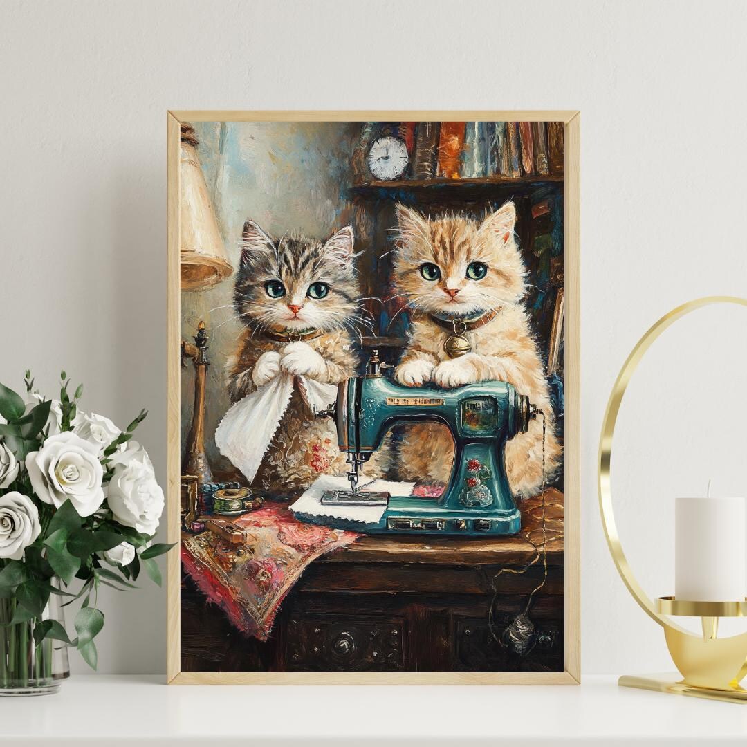 Two Cats Sewing Machine Oil Painting Digital Art Trendy Wall Decor - Etsy