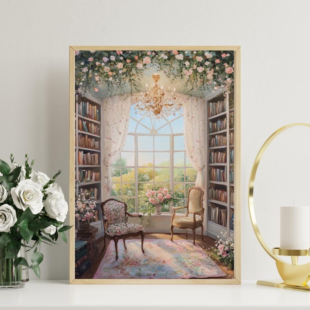 Charming Library Oil Painting | Cozy Reading Nook Wall Art | Book Lover ...