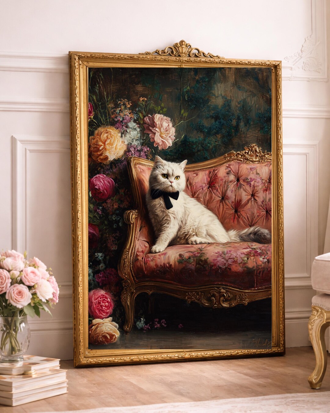Elegant Cat Portrait on Rococo Sofa – Vintage Floral Oil Painting ...