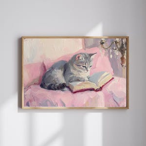 Gray Tabby Cat Reading Book Art Print: Whimsical Oil Painting (digital ...