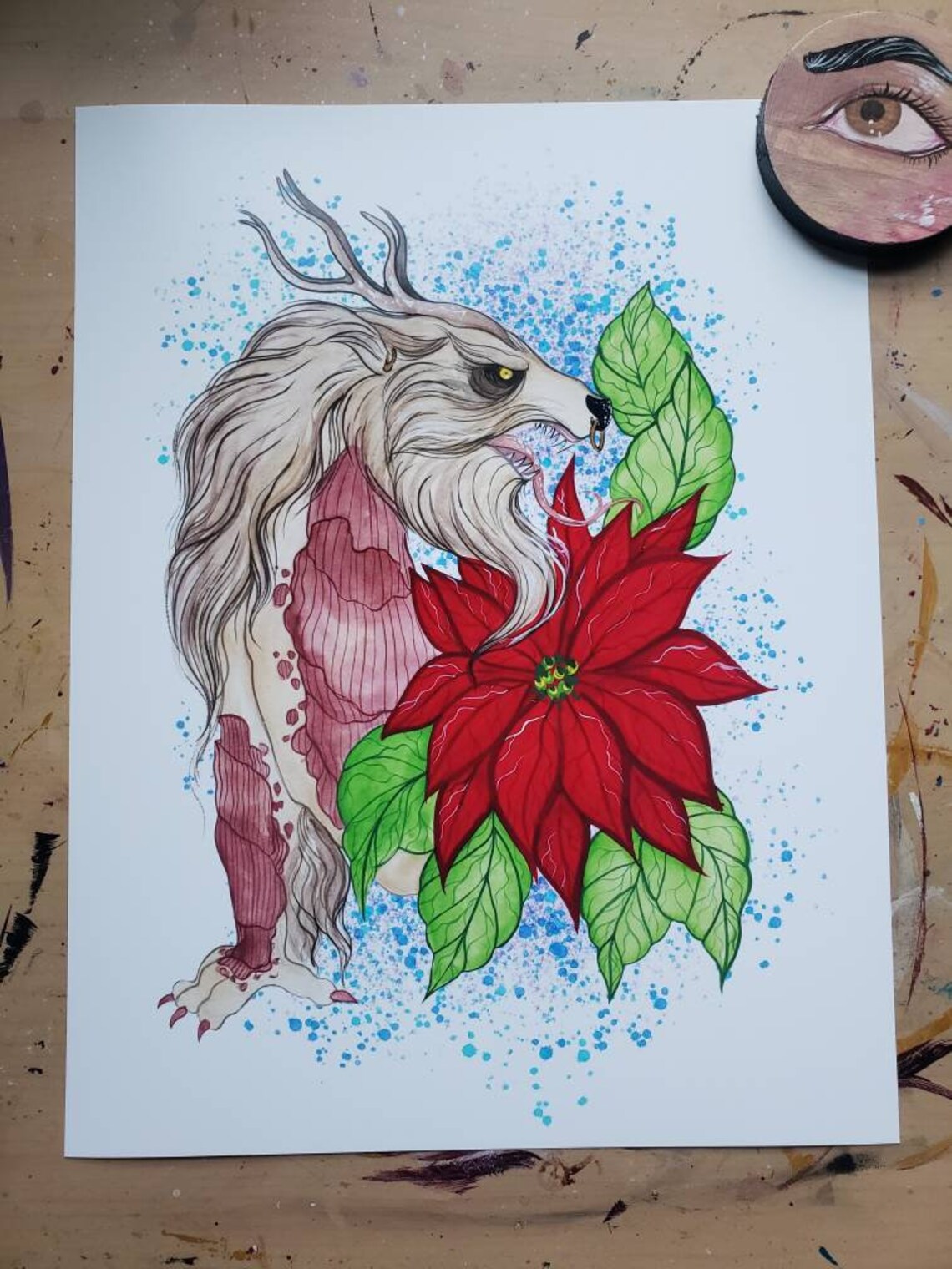 Yule Dragon Poinsettia Aquarelle Winter Art Print - Etsy France