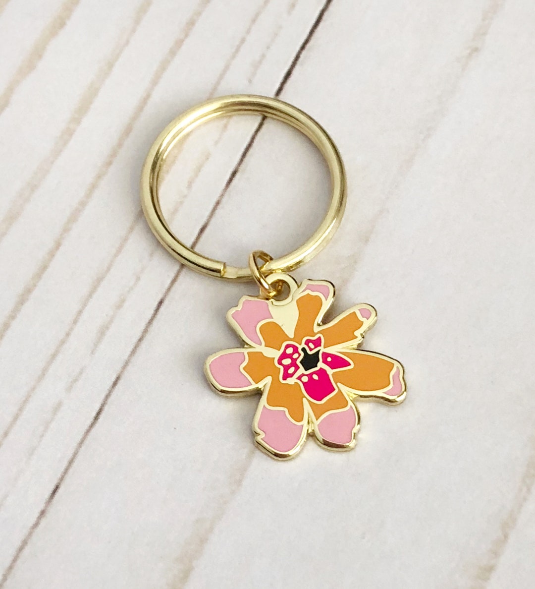 Flower Keychain - Gold and Pink Flower Keychain - Enamel Flower Charm ...
