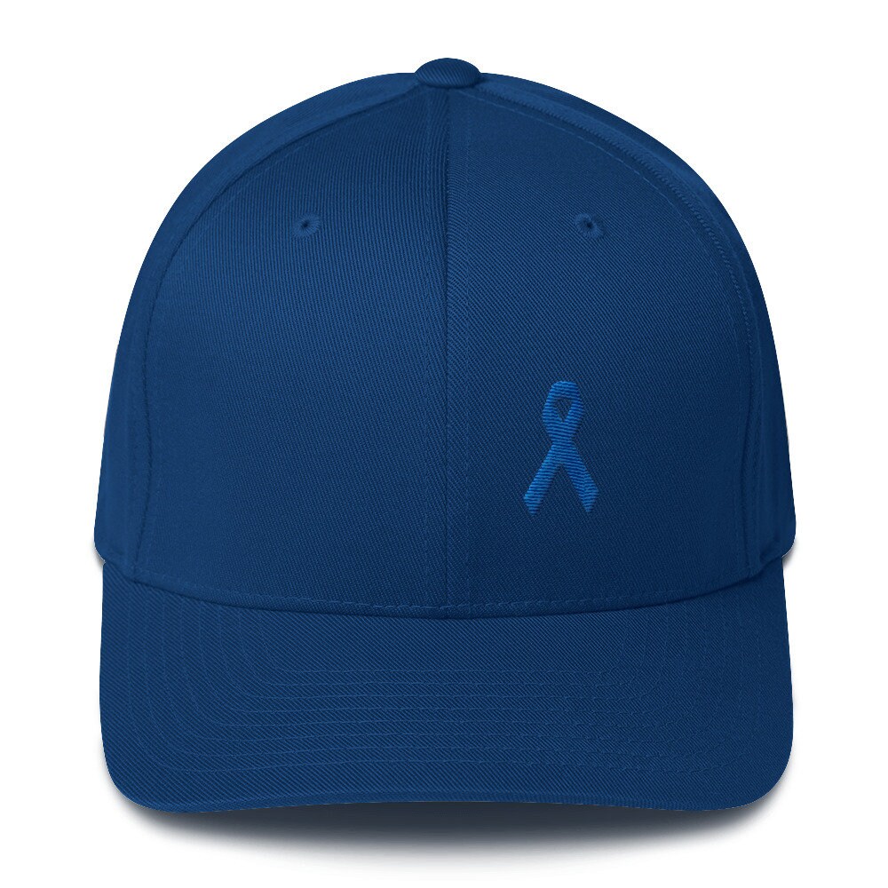 Colon Cancer Awareness Fitted Baseball Hat With Dark Blue Ribbon ...