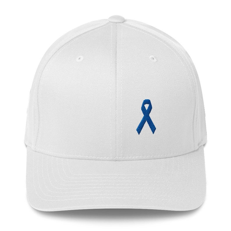 Colon Cancer Awareness Fitted Baseball Hat With Dark Blue Ribbon ...