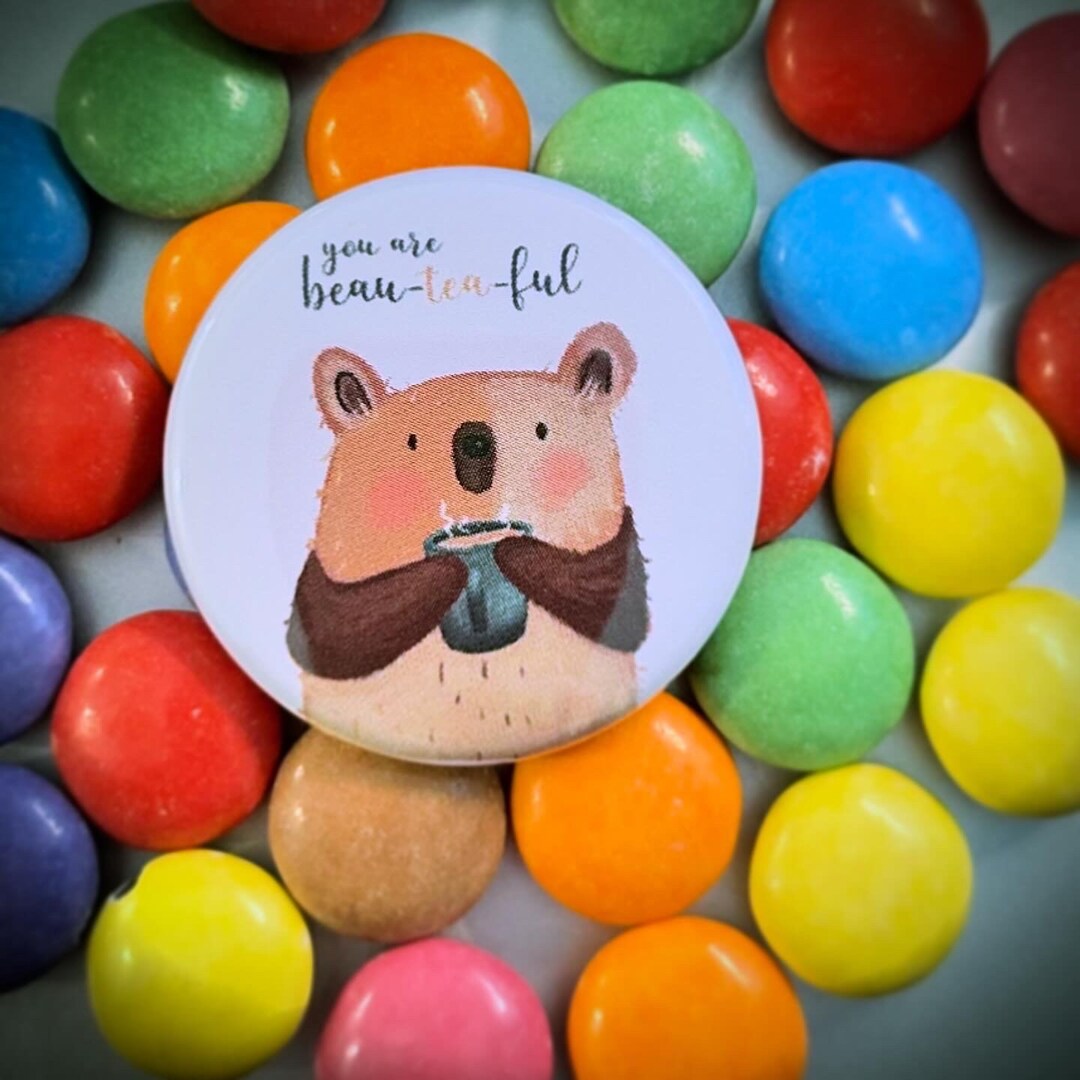 BEA-TEA-FUL Bear 38mm Button Badge Illustration Catherine Redgate Pun ...