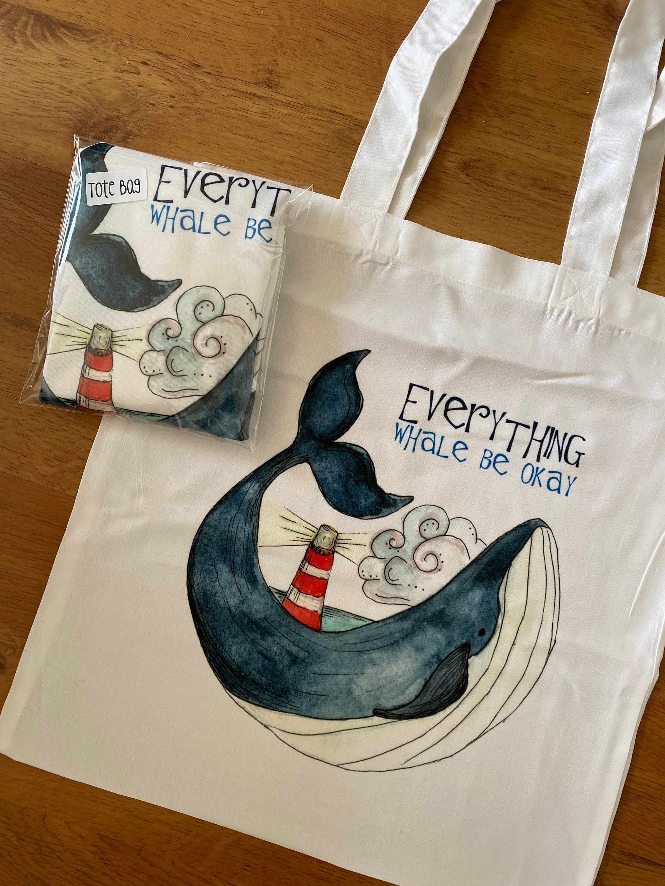 Everything WHALE Be OKAY White TOTE Bag Shop Cute Shopper Shoulder ...