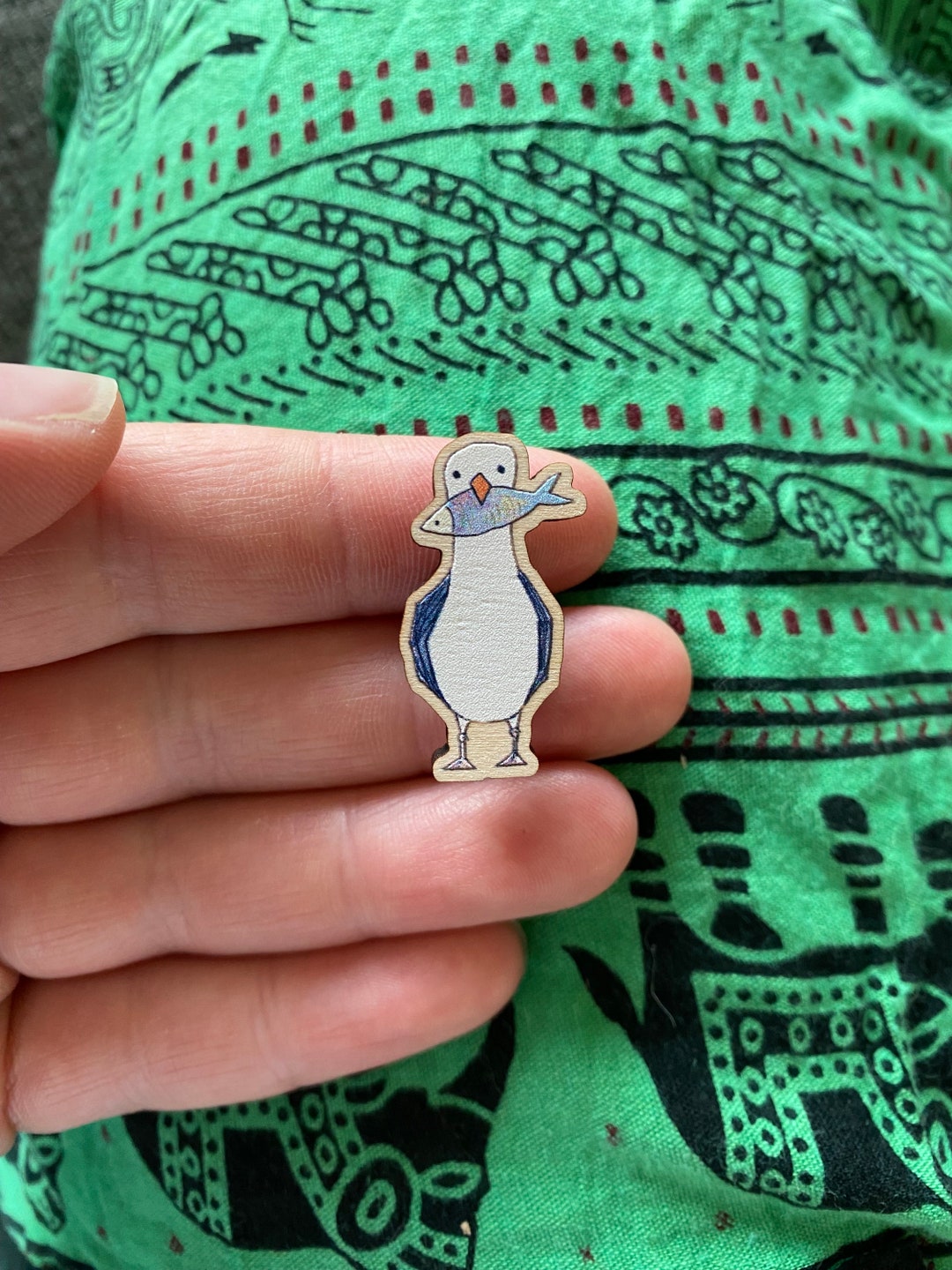 Tiny SEAGULL & FISH WOODEN Pin Badge Catherine Redgate Eco Sustainable ...