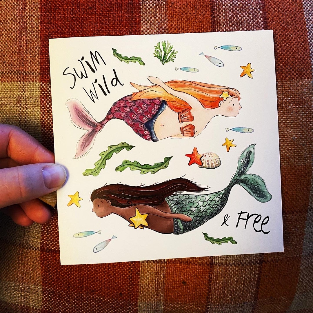 SWIM FREE MERMAID Card Illustration Illustrated Greeting Card Blank ...
