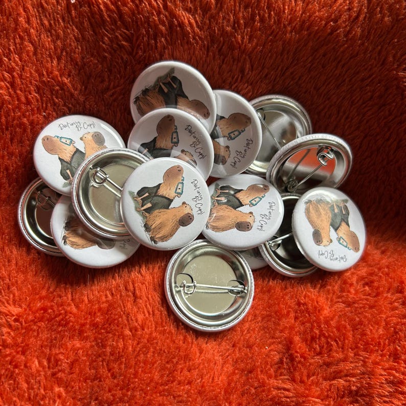 Happy CAPYBARA 32mm Button Badge Illustration Catherine Redgate Pun ...