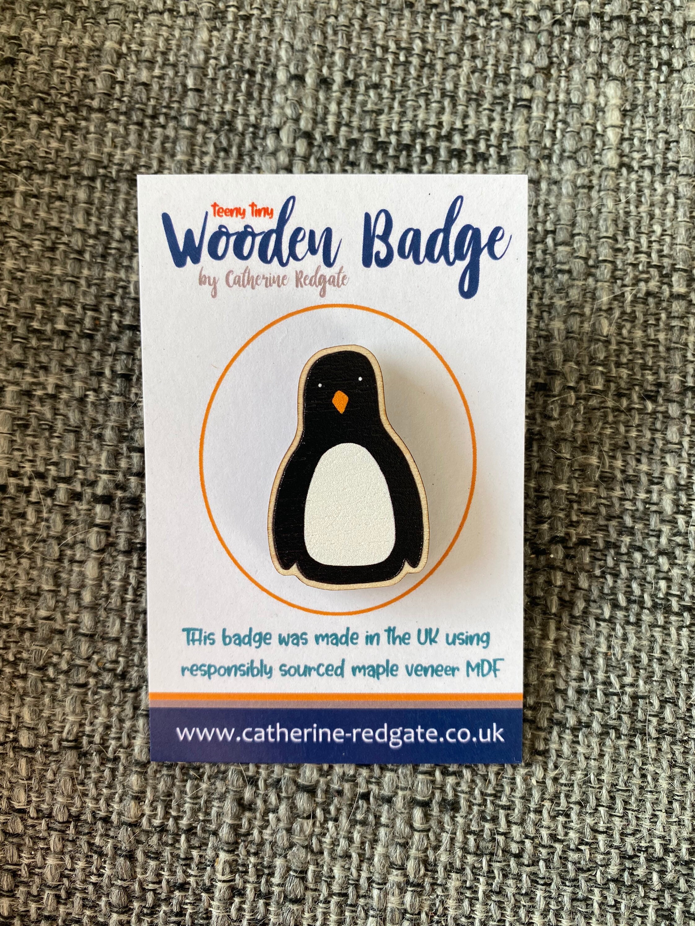Tiny PENGUIN WOODEN Pin Badge Catherine Redgate Eco Sustainable Wood ...