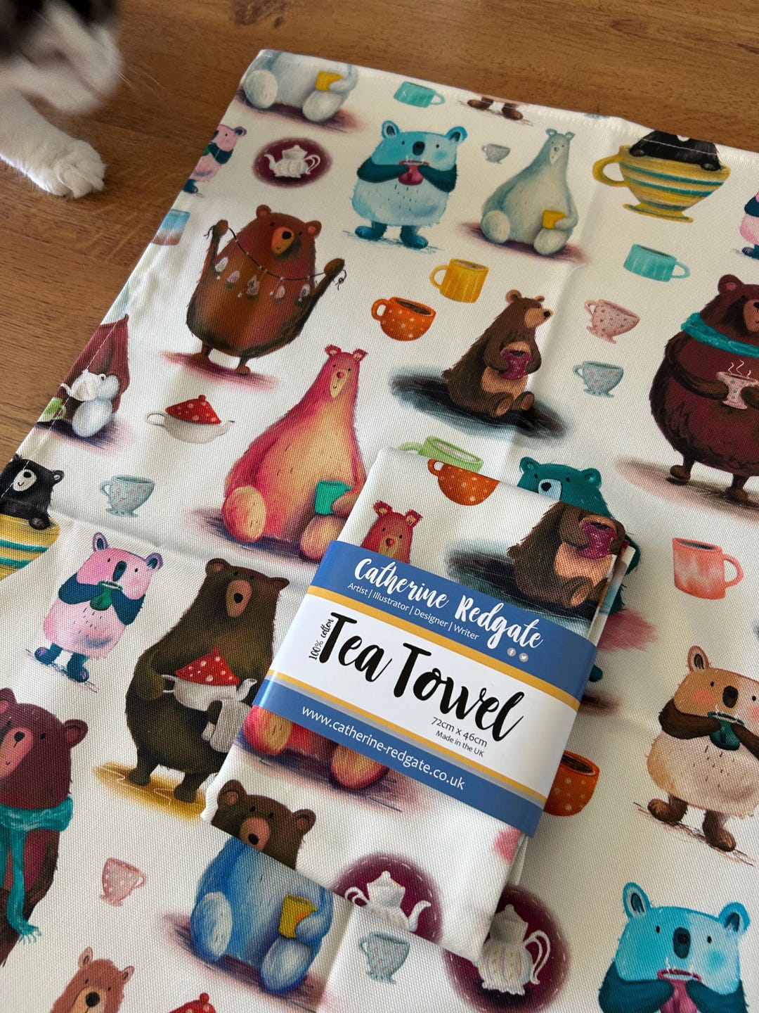 TEA BEAR Illustrated Tea Towel 100% Cotton Hanging Loop Catherine Redgate Kitchenware Homeware ...