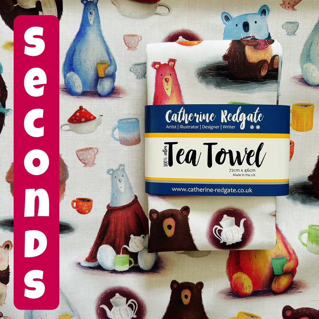 SECONDS TEA BEARS Illustrated Tea Towel 100% Cotton Hanging Loop ...