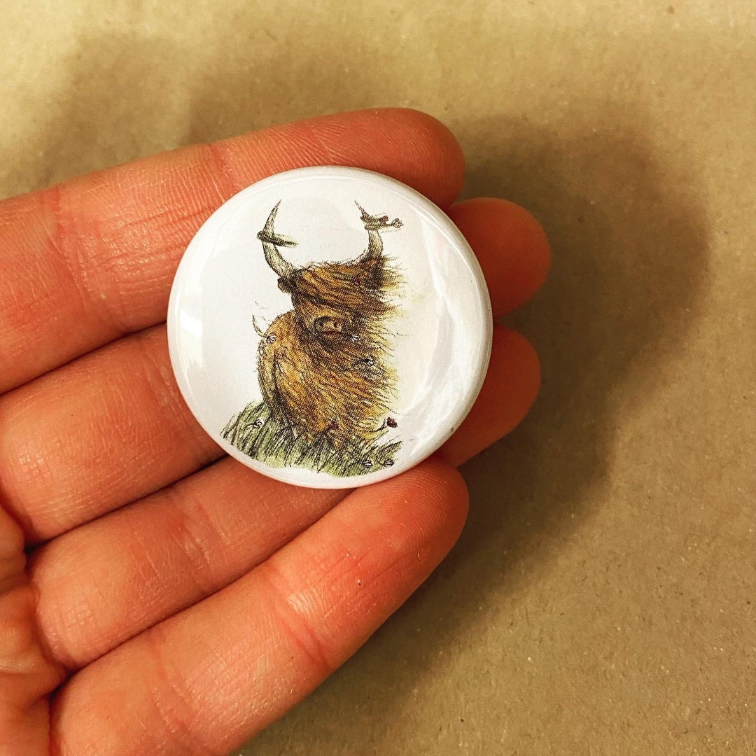 Heelan Coo Button Badge Scotland Scottish Highland Cow Animal ...