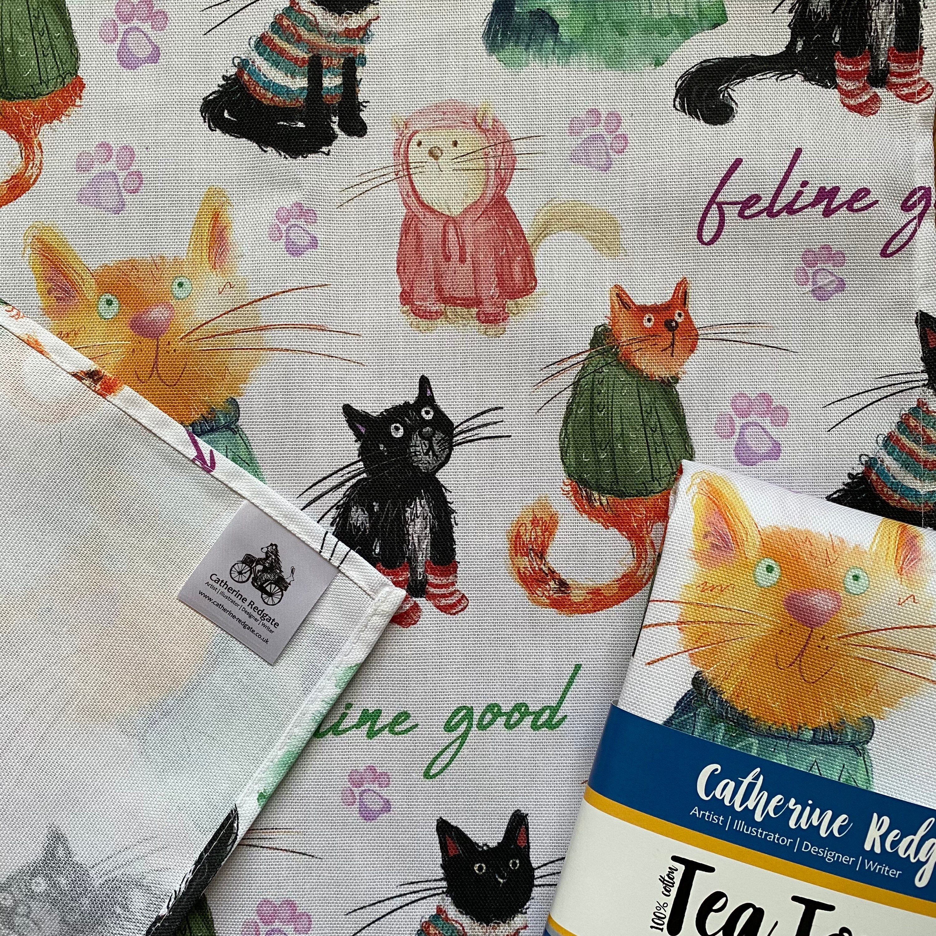 FELINE Good CATS Illustrated Tea TOWEL 100% Cotton With Hanging Loop ...