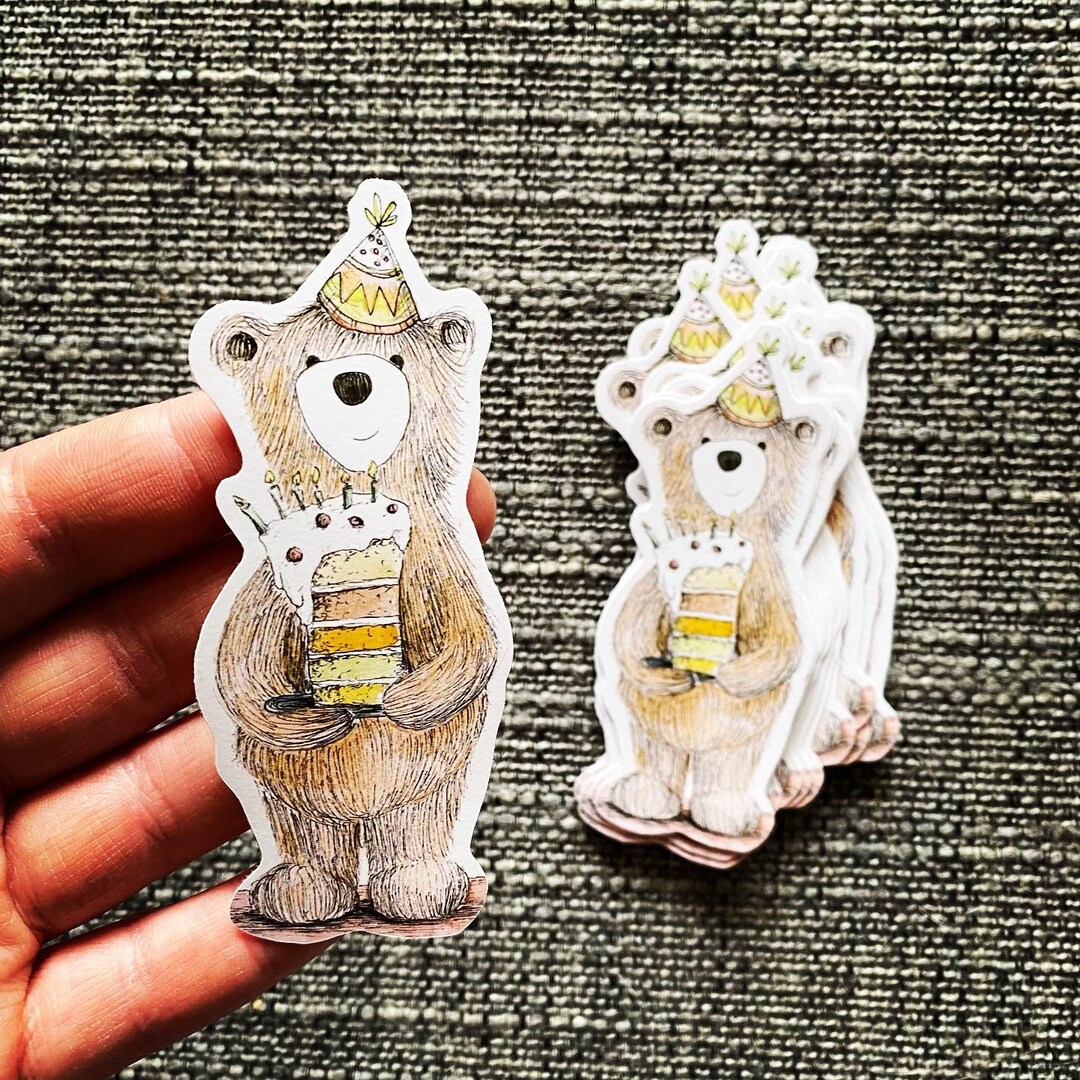 BIRTHDAY BEAR 10cm Large Sticker Illustration Catherine Redgate Paper ...