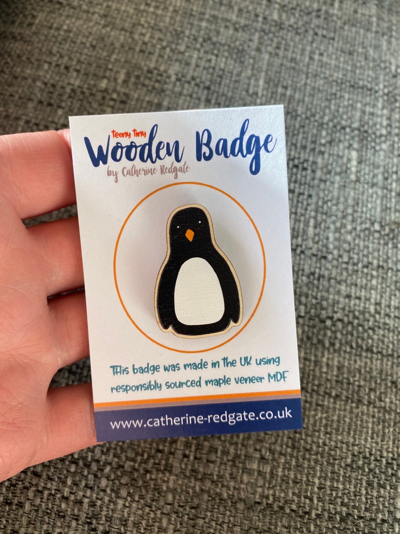 Tiny PENGUIN WOODEN Pin Badge Catherine Redgate Eco Sustainable Wood ...