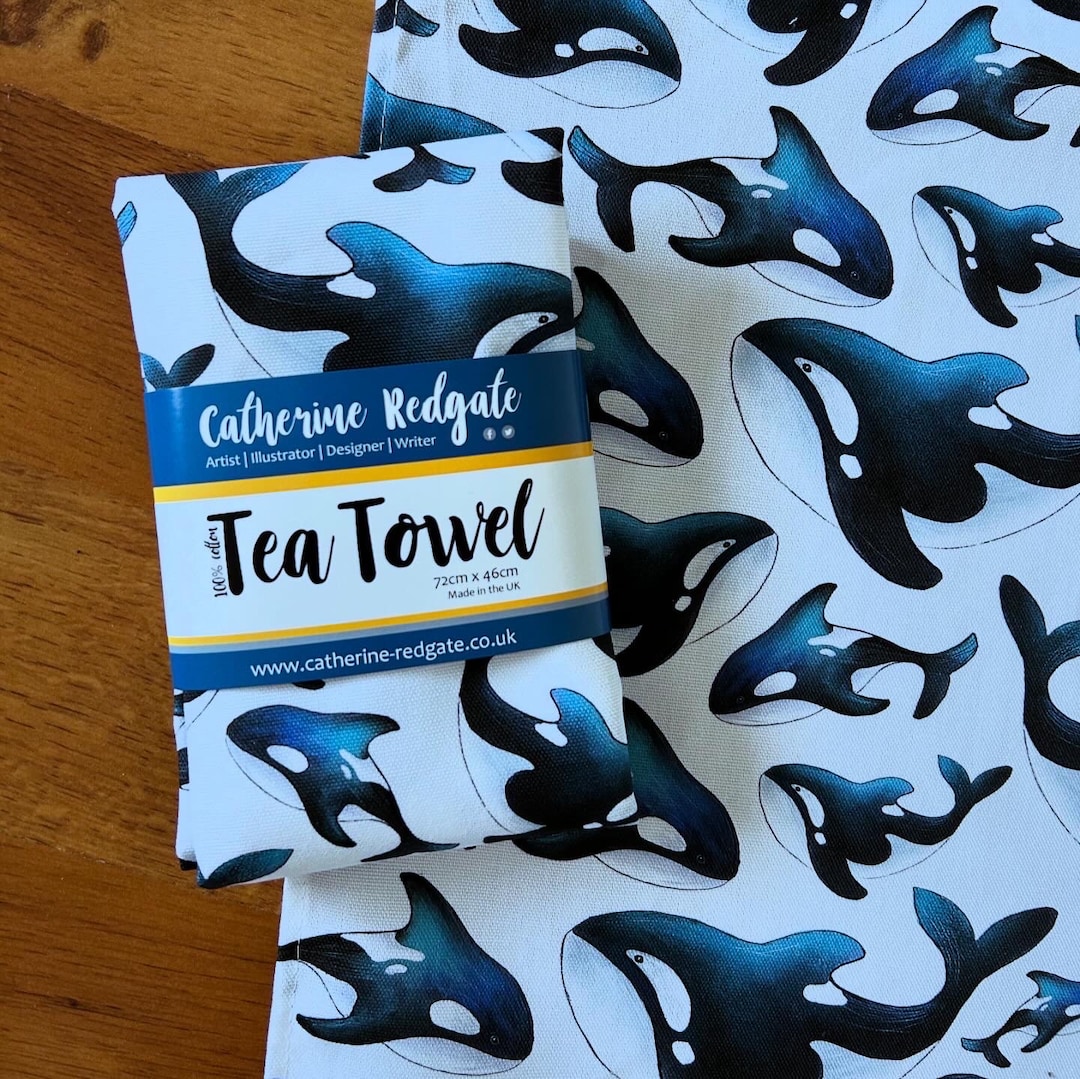ORCA Killer WHALE Illustrated Tea Towel 100% Cotton With Hanging Loop ...