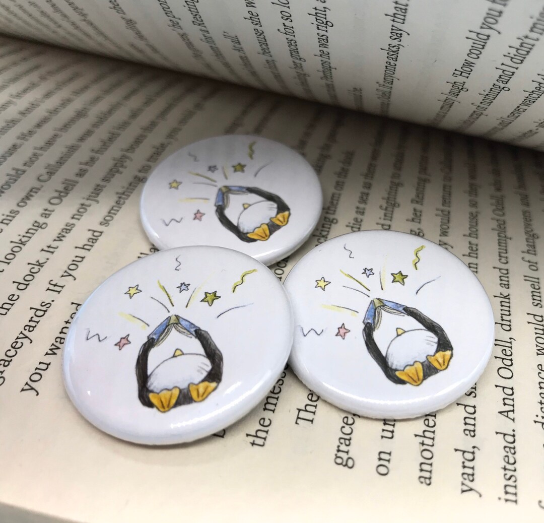 Reading Penguin Button Badge Illustrated Cute Book Storybook Read Magic ...