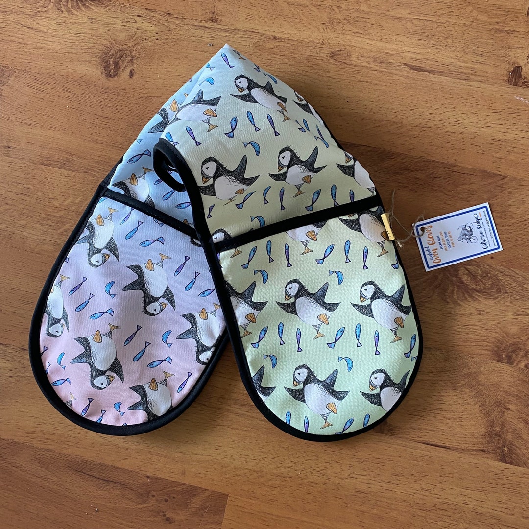 PUFFIN Double OVEN GLOVES Cotton Hanging Loop Catherine Redgate ...