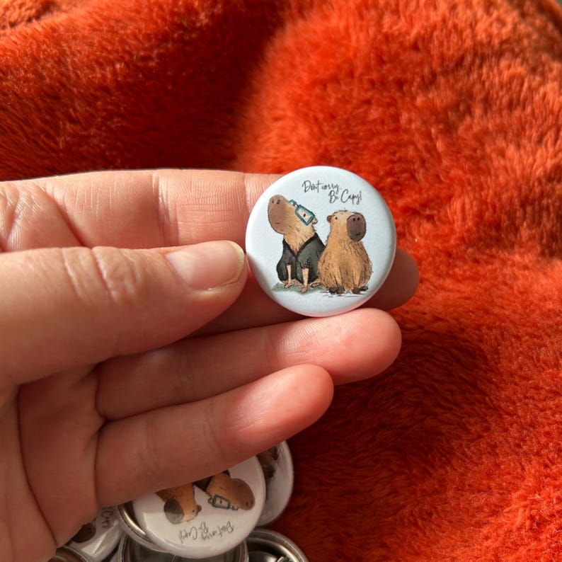Happy CAPYBARA 32mm Button Badge Illustration Catherine Redgate Pun ...
