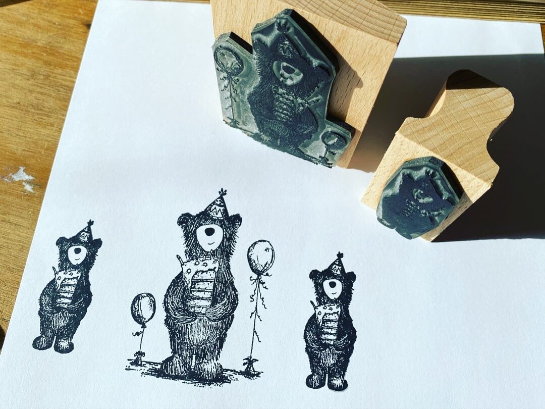 BIRTHDAY BEAR - 2" 3” Wooden Rubber Stamper Catherine Redgate ...