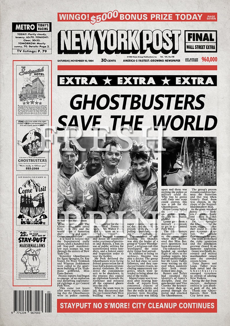 Ghostbusters New York Post Newspaper print | Etsy