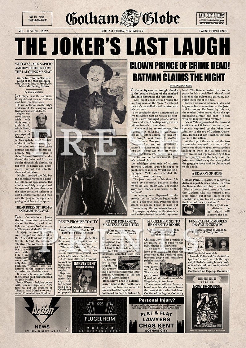 Batman 1989 Gotham Globe Newspaper poster print | Etsy